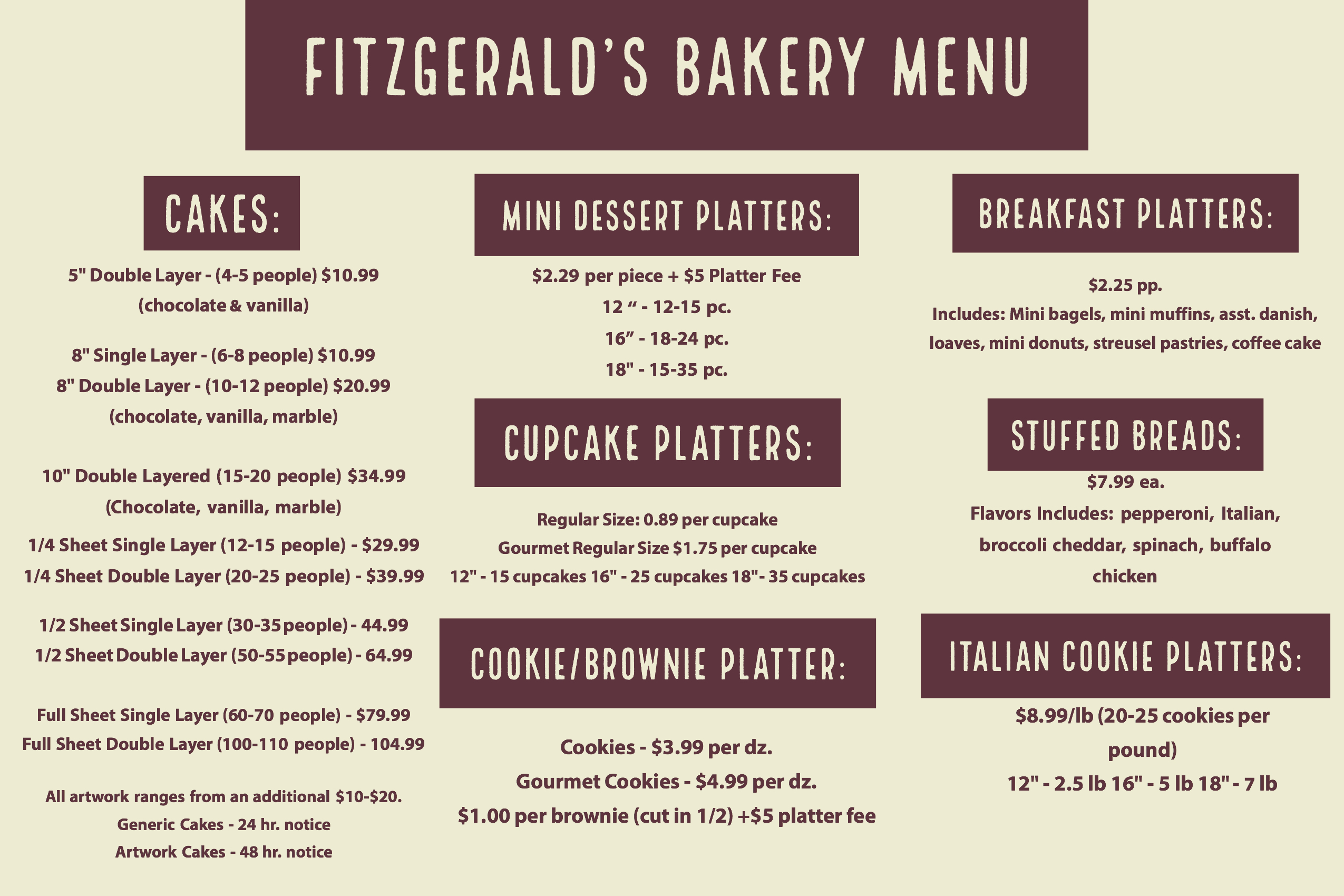 Bakery Menu Fitzgerald s Foods